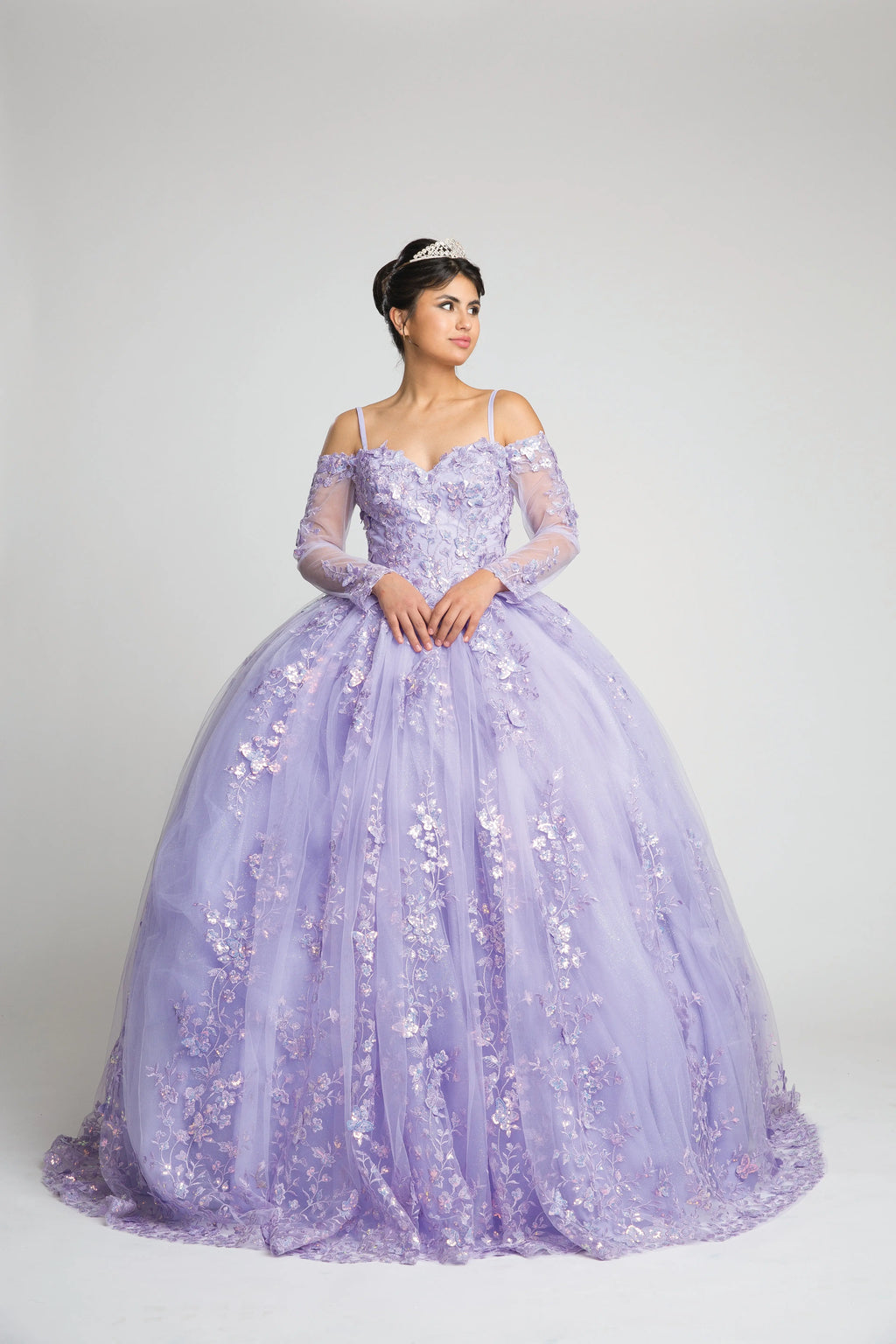 Fiesta 10309 Lilac Lace Embroidered Ball Gown with Sleeves - NORMA