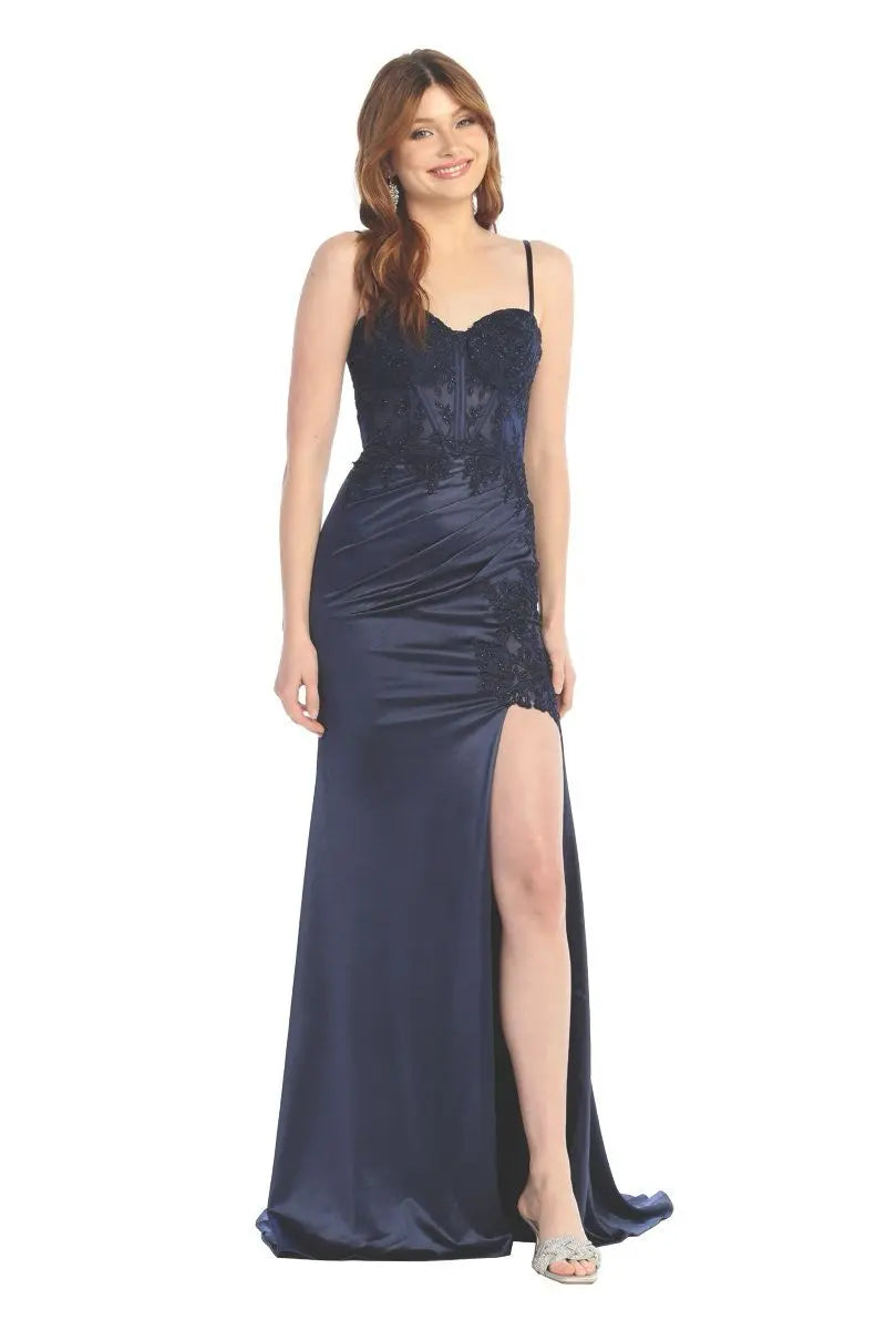 Cindy Collection 50486 Satin Slit Leg Lace Dress | NORMA REED